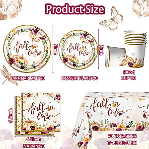 Fall in Love Bridal Shower Decorations,Fall Floral Pumpkin Disposable Tableware Set Includes Fall Dinner Plate,Tablecloths,Cup for Bridal Shower,Anniversary,Wedding Decorations