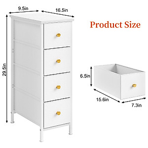 Fixwal Narrow Storage Cabinet, Narrow Nightstand Dresser with 4 Drawers, Slim Fabric Dresser Storage Tower for Small Spaces, White Dresser, for Bedroom, Bathroom, Living Room, Laundry, Closet