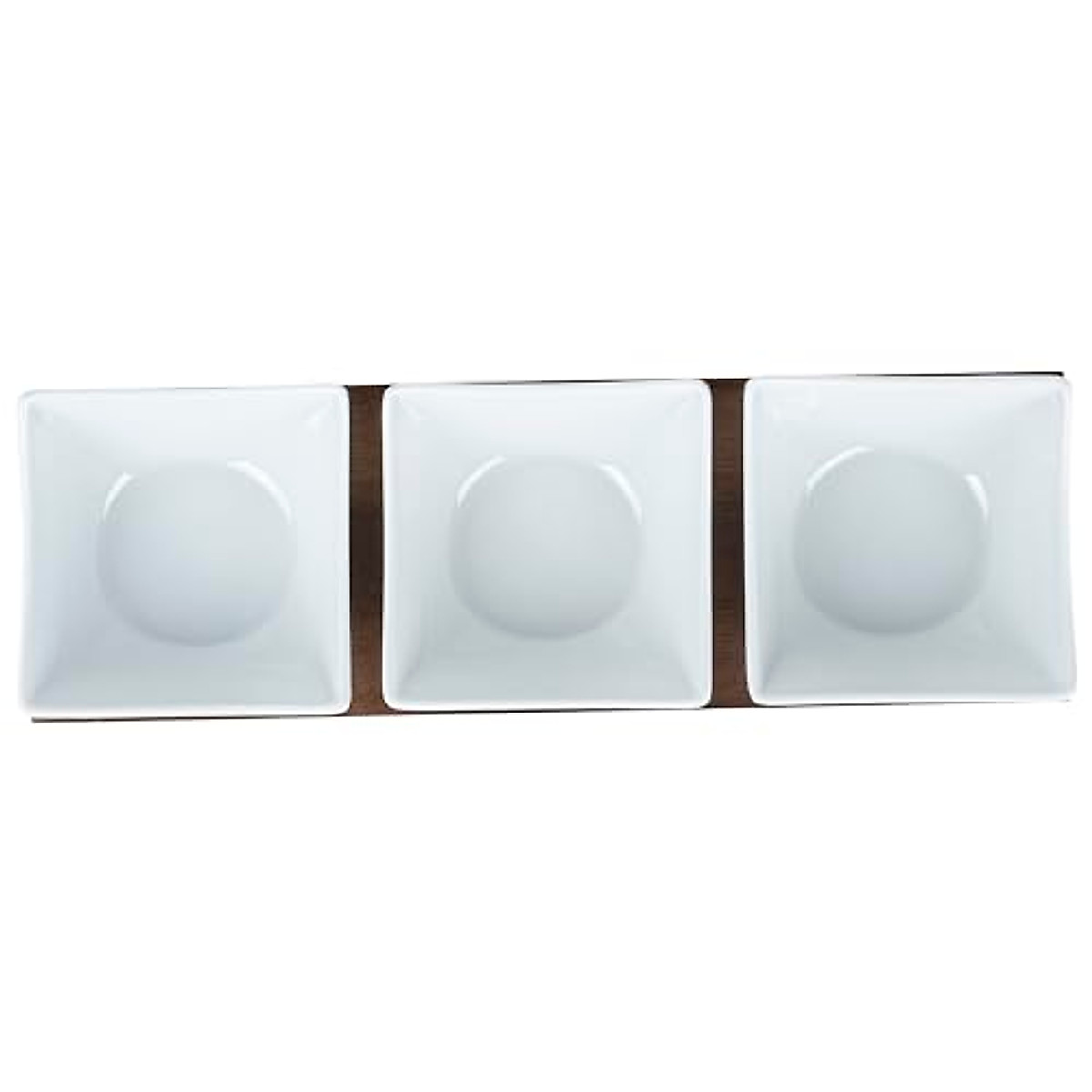 Restaurantware 15 Ounce Bowl Set with Tray - 1 Dishwashable Serving Set Includes 3 Porcelain Bowls And 1 Bamboo Tray Durable White Porcelain And Bamboo Bowl And Tray Set Reusable Freezable