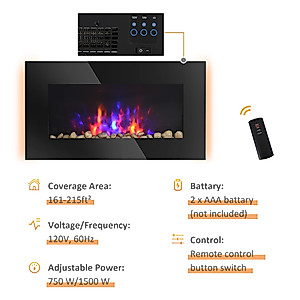 HOMCOM 28.5" 1500W Electric Wall-Mounted Fireplace with Flame Effect, 7 Color Background Light, Black