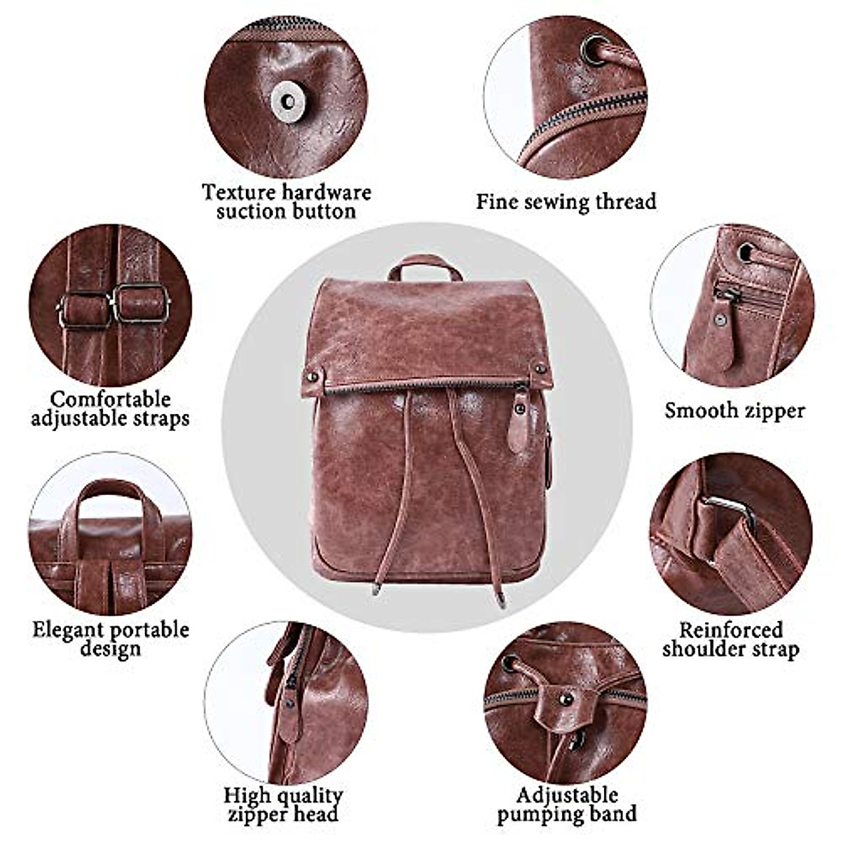 ROOSALANCE Women Backpack Waterproof Anti-theft PU Leather Nylon Shoulder Bag Travel Backpack Ladies (Dark Pink)