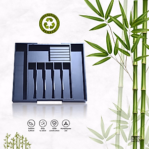 ENES-MM Bamboo Silverware Drawer Organizer Kitchen - Expandable Wood Utensil, Adjustable Cutlery Tray, Flatware Storage, Removable Knife Block and Dividers, Extra Gift Set Silicone Cooking Utensil