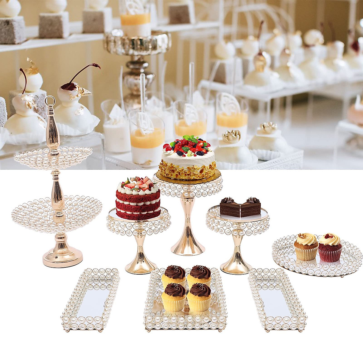 DNYSYSJ 8pcs Cake Stand Set Gold Wedding Cake Stands Cupcake Display for Dessert Table Party 2-Tire Gold Beaded Tower Stand Pastry Dessert Trays