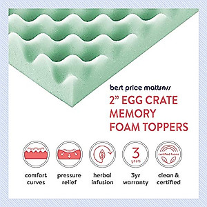 Best Price Mattress 2 Inch Egg Crate Memory Foam Mattress Topper with Calming Aloe Infusion, CertiPUR-US Certified, Twin XL,Green