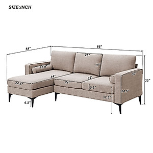 POCIYIHOME 86" Convertible Sectional 2 Pillows, Modern Chenille L-Shaped Couch with Reversible Chaise Lounge, 3-Seater Sofa, Fit for Living Room,Office,Apartment, Polyester, Camel