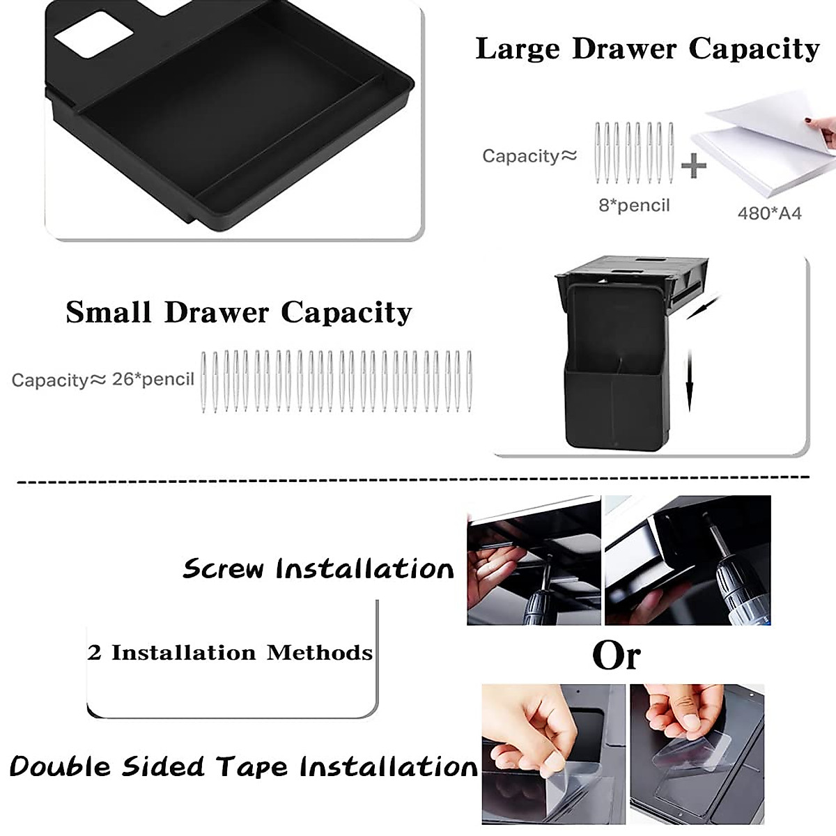 Navtcow Under Desk Drawer Storage Organizer - 2 Pack (Large and Small) Black - 2 Installation Methods (Screw or Adhesive)