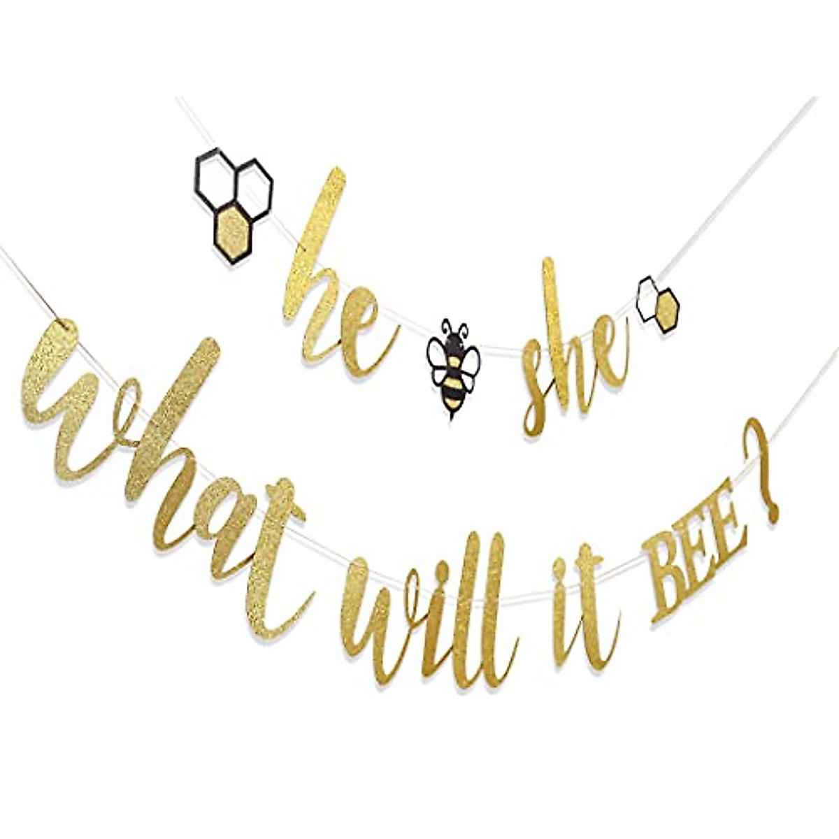 He She What Will It Bee - Golden Glitter Party Banner Decorations, Bee Gender Reveal Banner, Bee Theme Baby Shower, Baby Shower Shower Banner，golden Glitter Banner