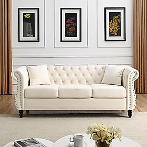 Imseigo Accent Sofa,3 Seater Chesterfield Beige Velvet Sofa, 80" Sofa Tufted Vintage Couch with Rolled Arms and Nailhead for Living Room, Bedroom, Apartment, Two Pillows (Velvet, Beige)