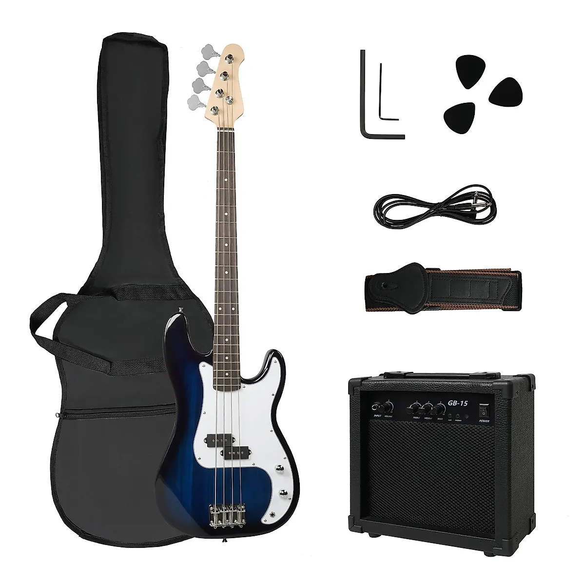 Electric Bass Guitar 4 Strings, 46 Inch Full Size Beginner Kit with 15W Amp, Gig Bag, Strap, 3 Picks for Beginner Adults Teens, Right Handed