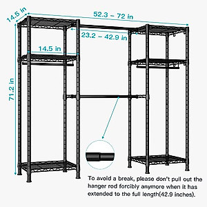 Ulif E7 Heavy Duty Garment Rack, Freestanding Clothes Organizer and Storage Rack with Expandable Hangers Rods, Metal Portable Closets with 6 Wire Shelves, (52.3”-72”)W x 14.5”D x 71.2”H, Load 740 LBS