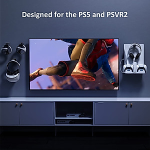 NexiGo PS5 and PSVR2 Wall Mount Kit with Charging Station, Controller Holder, and Headphone Hanger - Metal Wall Hanging Charger Stand for Playstation 5 Console (Disc & Digital)