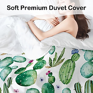 ARIGHTEX Green Cactus Pattern Bedding Sets Watercolor Cactus Collection Duvet Cover 3 Pieces Tropical Plant Bedspread Hand Painted Design Home Decor (Twin)