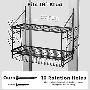 HOYRR Hanging Pot Rack Wall Mounted,30 Inch Wall Hanging Pot Rack,Pot Hangers for Kitchen Wall Mount,Pot And Pan Hanger Side Piece with 2 Pieces Pans Lids Organizer,Wall Pot Rack Hanging Rod+16 Hooks
