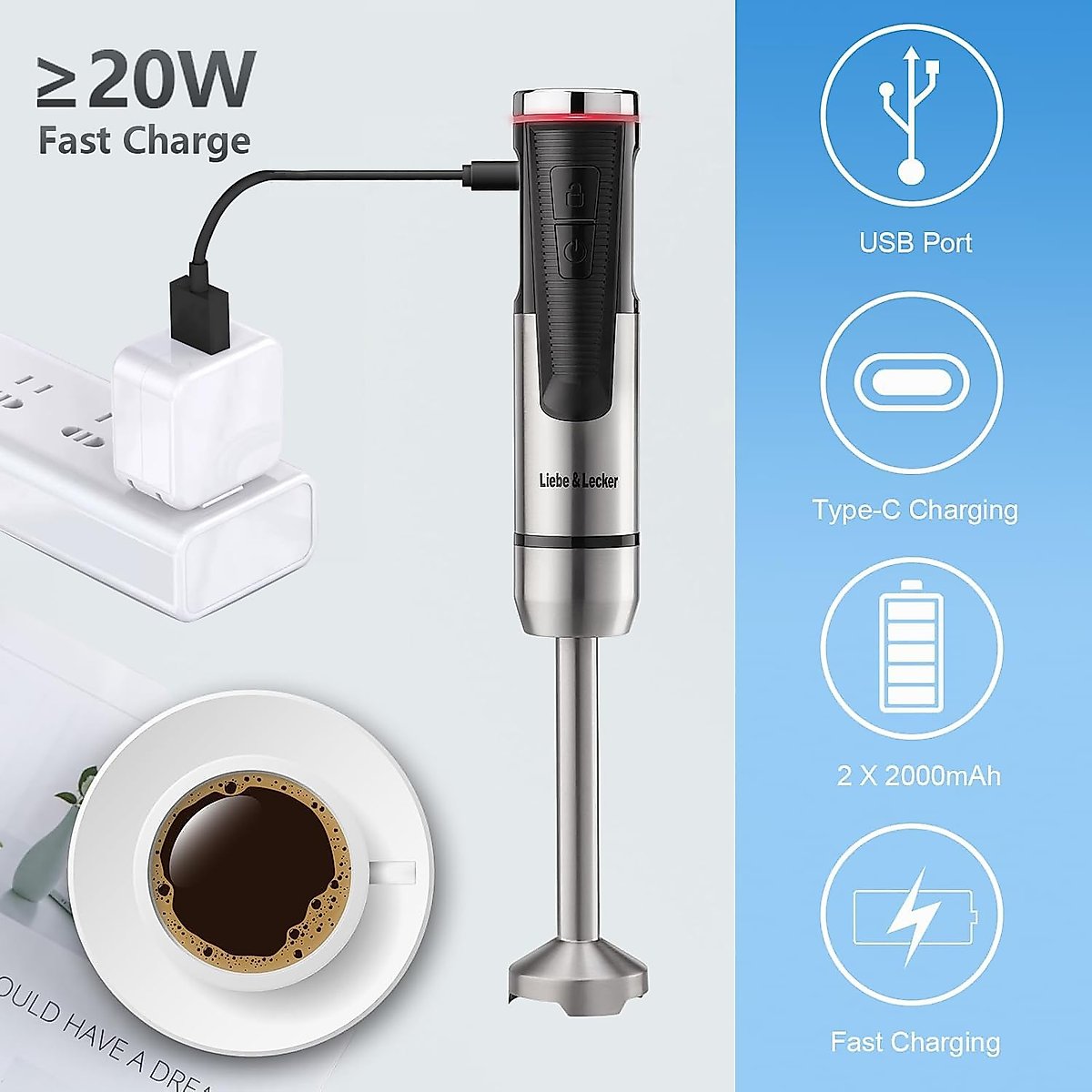 Liebe&Lecker Cordless Hand Blender, Immersion Blender Handheld USB Rechargeable 8 Variable Speeds with Whisk, Milk Frother Attachments, Portable Stick Blender for Milkshakes, Smoothies & Soups.