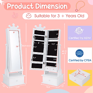 Costzon Kids Jewelry Armoire Cabinet, 45” Standing Jewelry Organizer with Full-Length Mirror, 3 Storage Drawers, Kids Vanity Dress Up Mirror Jewelry Cabinet for Girls (White)