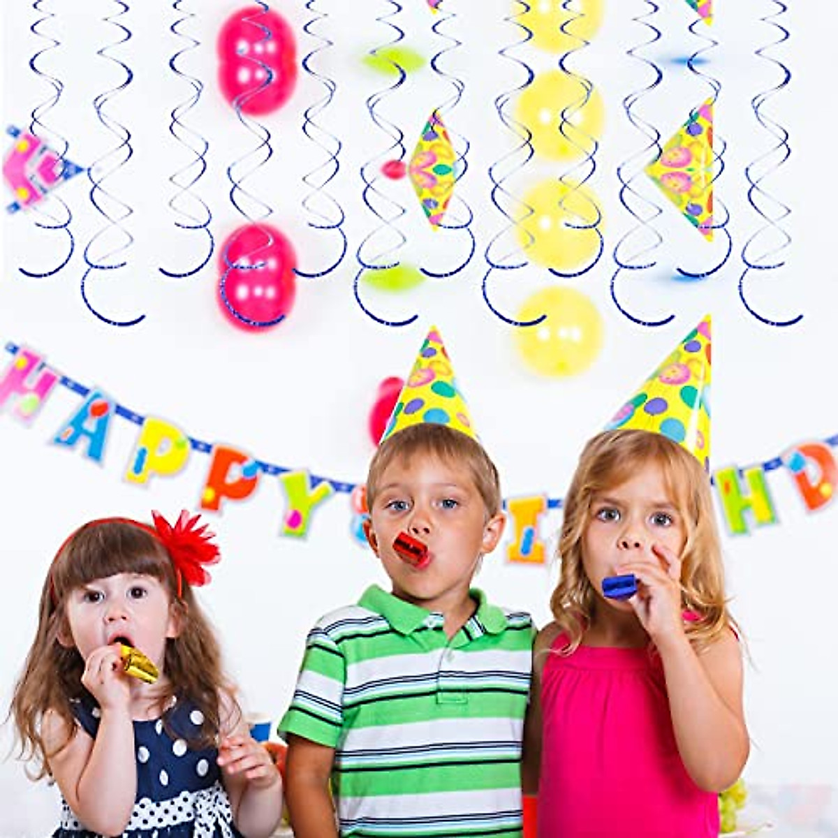 30 Pieces Blue Foil Ceiling Hanging Party Swirl Decorations Plastic Streamers Photo Backdrop for Birthday Graduation Wedding Baby Shower Wedding Bachelorette Galaxy Theme Party Decorations