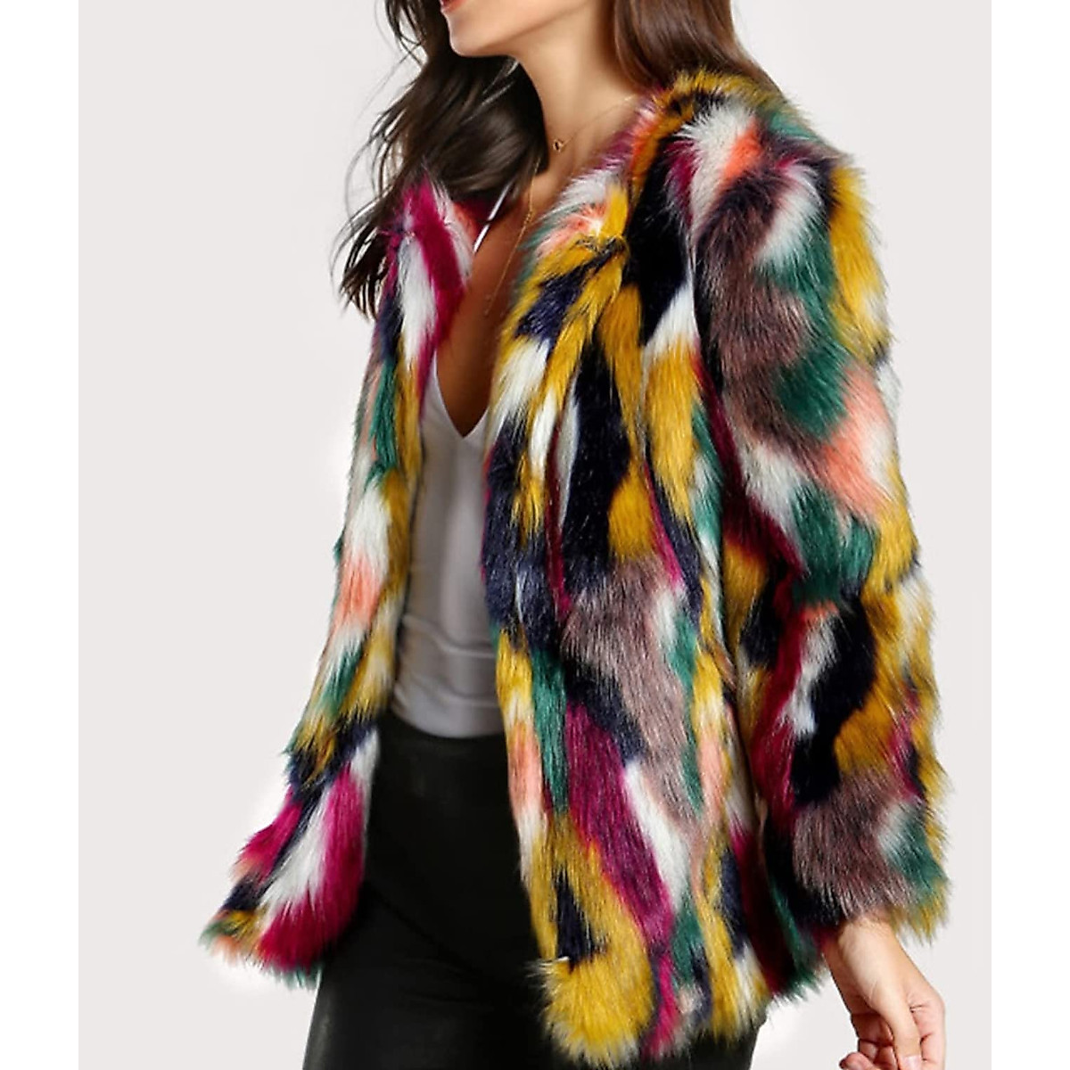 Women's Winter Multicolor Faux Fur Coat Long Sleeve Open Front Luxury Colorful Warm Fuzzy Jacket Outwear-HINDOLA