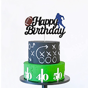 Football Cake Topper - Happy Birthday Cake Topper for Football/Sport theme Birthday Party decoration (Black Glitter)