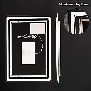 HOMECOOKIN Wall Mount 20x28 inches LED Mirror, Bathroom, Rectangular, Aluminum, Modern, Anti-Fog, Adjustable 3 Colors, Backlit