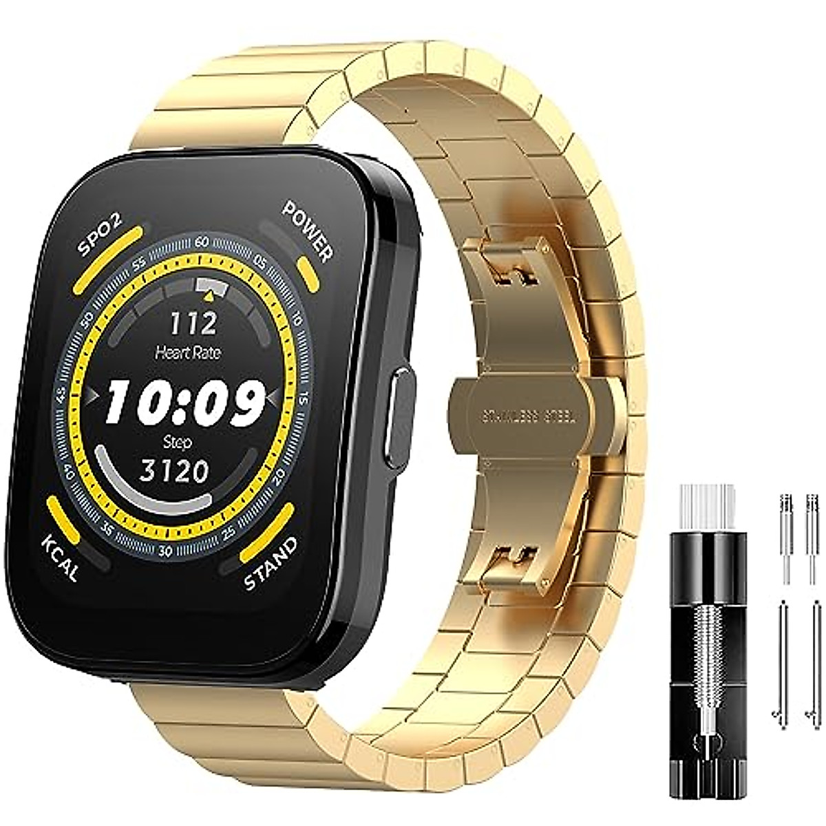 FitTurn Compatible with Amazfit Bip 5 Watch Band 22mm, Stainless Steel Metal Bands Straps Wristbands with Adjustment tool for Amazfit Bip 5 GPS Smart Watch Men Women (Gold)
