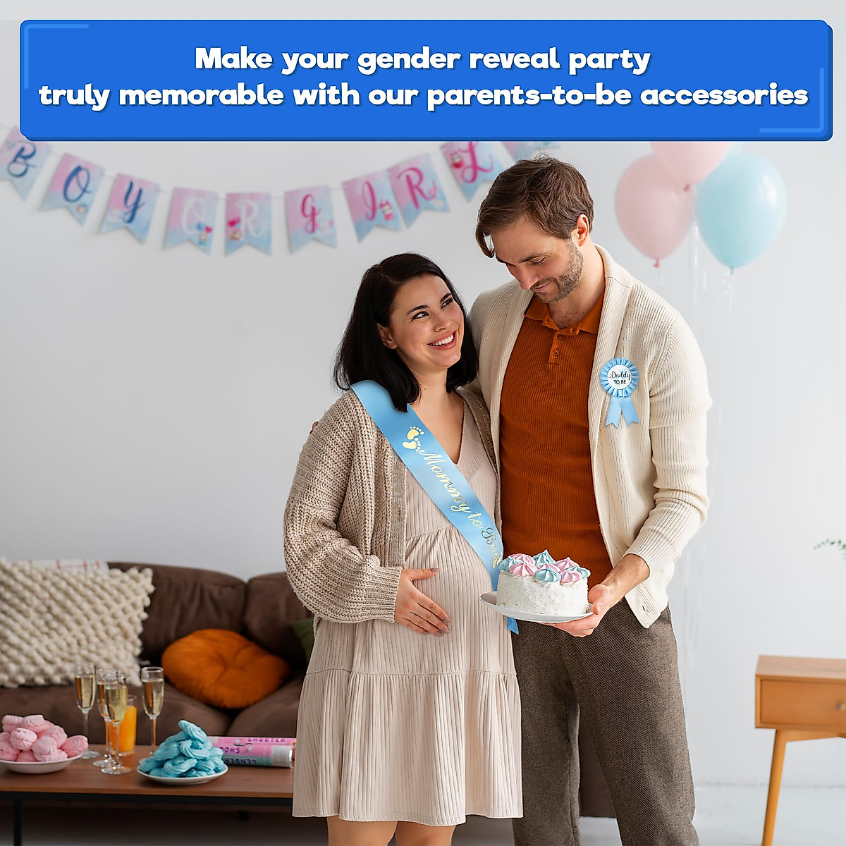 Baby Shower Sash for Mommy - Set of 2 Blue Satin Mommy to Be Sash with Dad to Be Pin, Elegant Glossy Texture with Gold Glitz Letters, Easy to Wear - Lightweight and Durable Baby Shower Decorations Boy