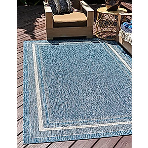 Unique Loom Outdoor Border Collection Transitional Indoor & Outdoor Casual Solid Tonal Border Area Rug (10' 0 x 14' 0 Rectangular, Blue/ Beige)