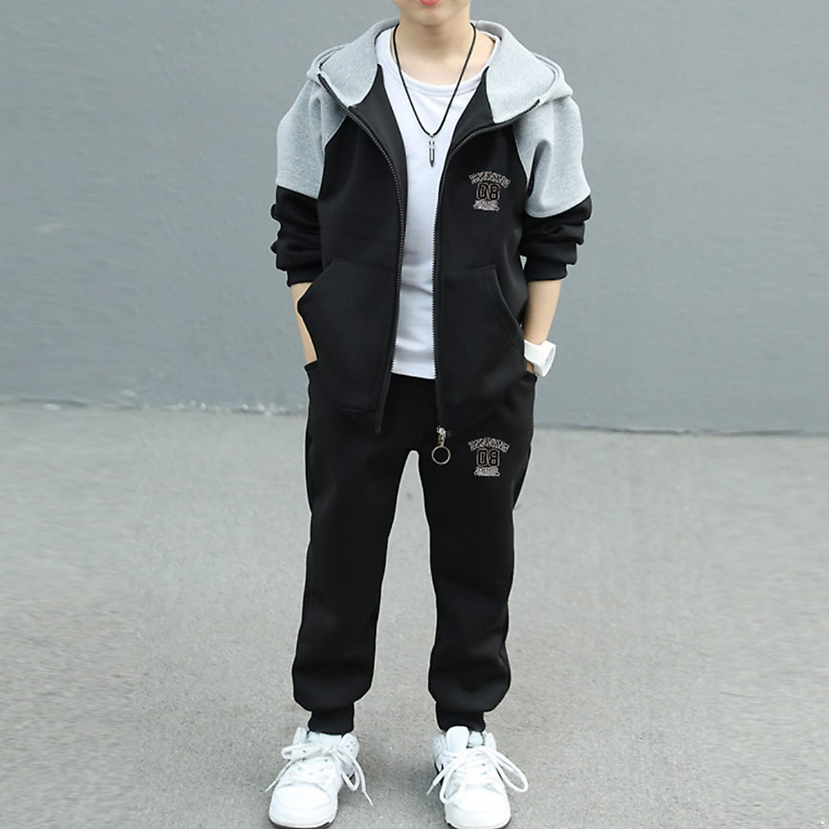 Hansber Kids Boys 2 Piece Tracksuit Sweatsuit Sports Suit Long Sleeve Pullover Jacket with Jogger Pants Set Black 7-8