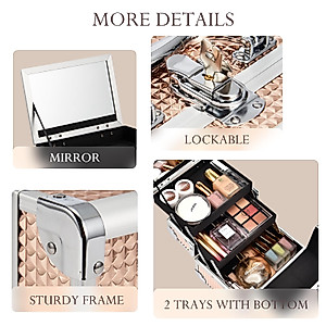 FRENESSA Makeup Train Case Portable Cosmetic Box Jewelry Organizer 2-Tier Trays Lockable with Keys and Mirror Carrying with Handle Makeup Storage Box - Rose Gold