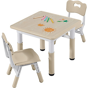 SwemDec Kids Table and 2 Chairs Set, Toddler Table and Chair Set with Graffiti Tabletop, Children Multi-Activity Table for Ages 3-8, Height-Adjustable Kids Study Table for Classroom/Daycare/Home