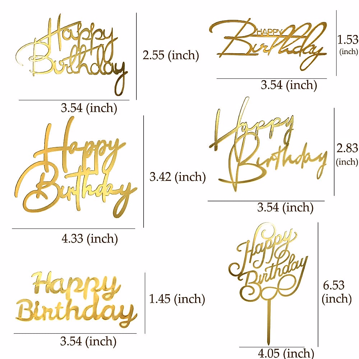 Happy Birthday Cake Toppers Mirror Acrylic Cake Topper Side Cake Decorations Gold Cake Inserts Cake Decorating Supplies Cupcake Toppers for Kids Birthday Cake Decor Birthday Party Decorations,6pcs