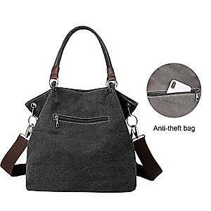 Women Canvas Hobo Crossbody Bags, Daily Retro Shoulder Bag Casual Satchel Purse Square Stitching, Black