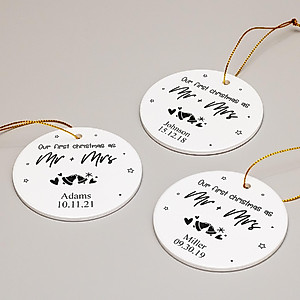 Custom christmas Mr & Mrs ornament for holiday, personalized ceramic just married name baubles gifts for home tree decoration, christmas bauble, keepsake xmas gift for couples (Mr and Mrs)