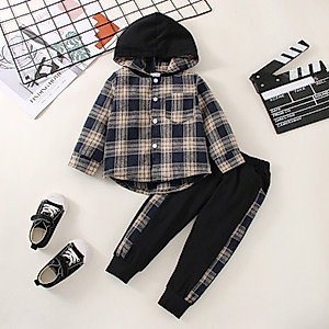 FOCUTEBB Boys 3T Clothes Boy Toddler Clothes for Boys Fall Winter Outfits Flannel Lattice Button Down Long Sleeve Plaid Shirt Hoodied Tops + Pants Sets Toddler Boys Winter Clothes Yellow 3-4T