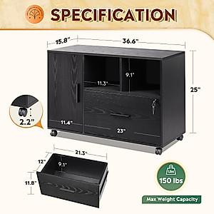DEVAISE Office File Cabinet with Lock, 1-Drawer Wood Lateral Filing Cabinet on Wheels, Printer Stand with Open Storage Shelves for Home Office, Black