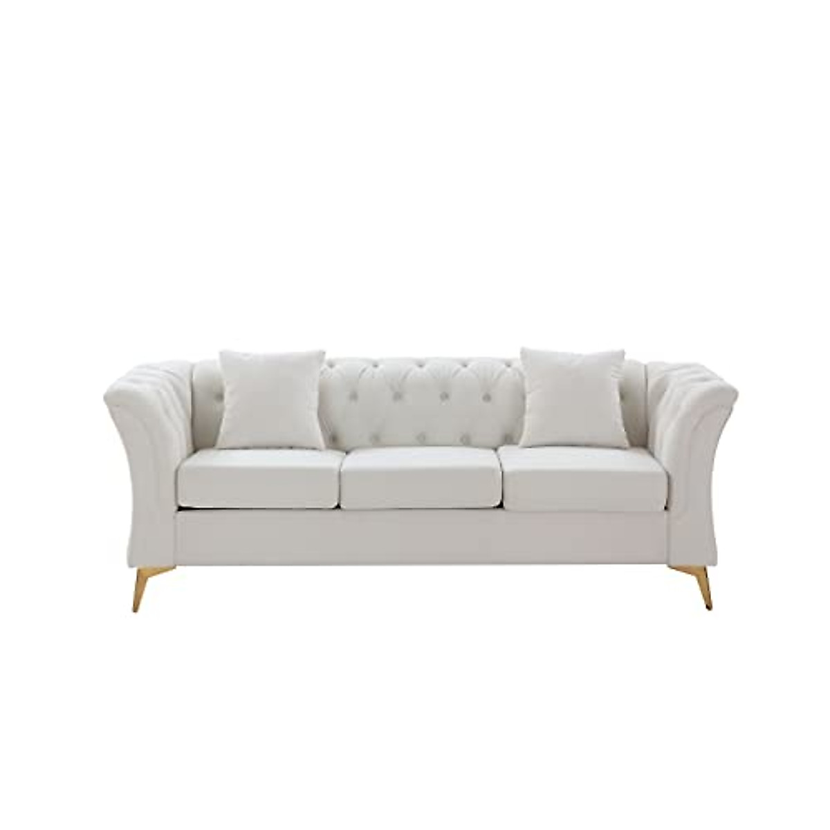 EASYTOUR Chesterfield Sofa, 3-Seater Mid Century Velvet Upholstered Couches, Modern Classic Tufted Button Settee with Roll Arm and Metal Legs for Living Room, Apartment, Office, Small Space, White
