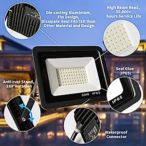 UNUSROOM 2 Pack 50W LED Flood Light Outdoor, 7000LM LED Work Lights,6500K Outdoor Floodlights, IP65 Waterproof,Plug in Flood Light, 6500K Daylight White Plug in Security Light for Yard Lawn Garden
