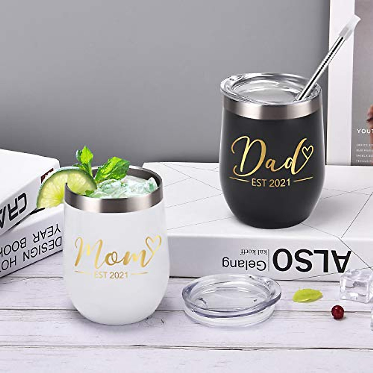 Homlouue New Parents Wine Tumbler Set, Mom Dad Est 2021 Tumbler Set for New Mom Baby Shower New Parents New Pregnancy Baby Announcement, 12 Oz Insulated Stainless Steel Wine Tumbler, Black and White