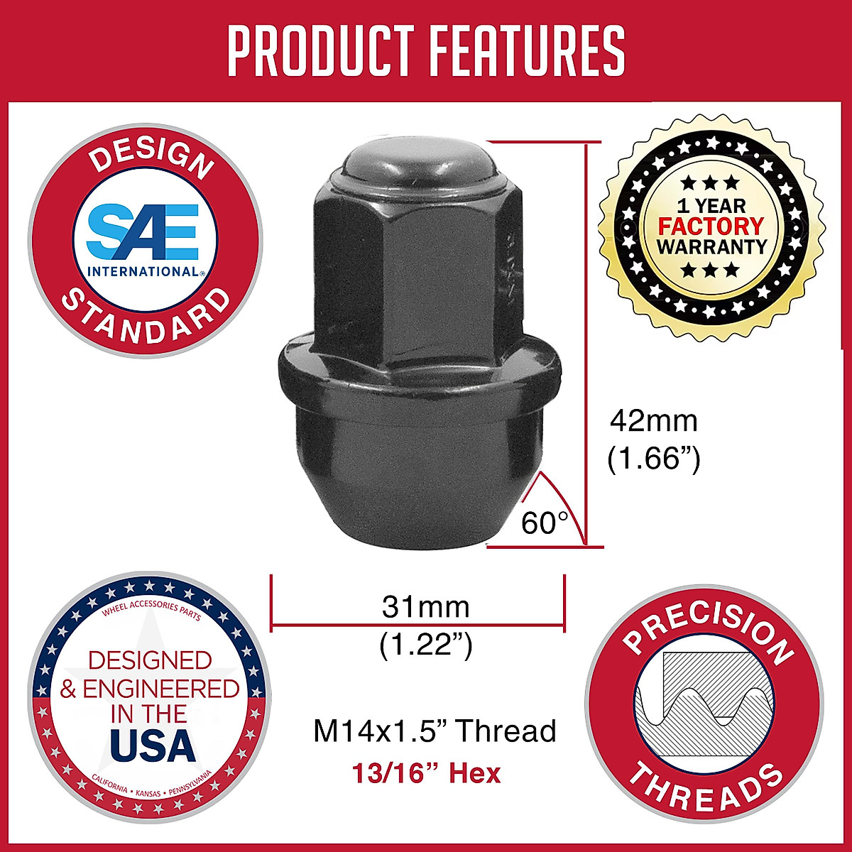 Wheel Accessories Parts 24 Pcs M14x1.5 14x1.5 Thread OEM Style Lug Nuts 1.66" Long Black 13/16" 21mm Hex Hex Fits 2015+ Ford F150 Expedition F-150 Lightning | Lincoln Navigator ACPZ-1012-B | 611-008