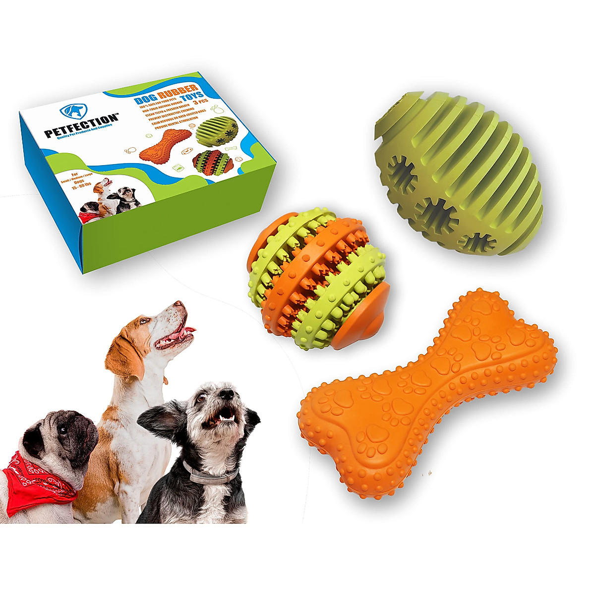 PETFECTION Dog Chew Toys 3 Pack, Dog Toys for Aggressive Chewers Large Breed, Multifunctional Teeth Cleaning and Gum Massage, Tough Dog Toys from 100% Natural Rubber for Large and Medium Dogs