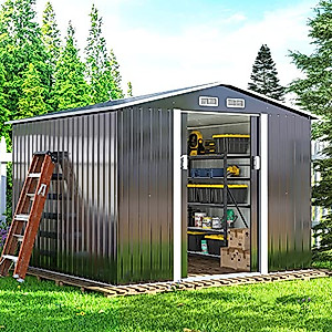 JAXPETY 8 x 8 FT Outdoor Storage Shed Metal Garden Sheds & Outdoor Storage with Sliding Doors for Backyard, Patio, Lawn (Gray, 8'x8')