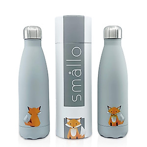 smållo | Water Bottle with Cute Fox Design | Stainless Steel | Double Wall Insulated | Grey | 17oz