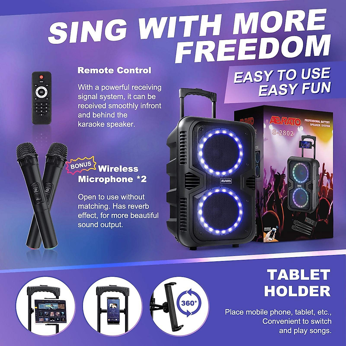 ABRATO Karaoke Machine for Adults & Kids – Bluetooth Speakers with Dual 8" Subwoofer & DJ Lights – Bonus 2 Wireless Microphones - Ideal for Home Party Camping Singing