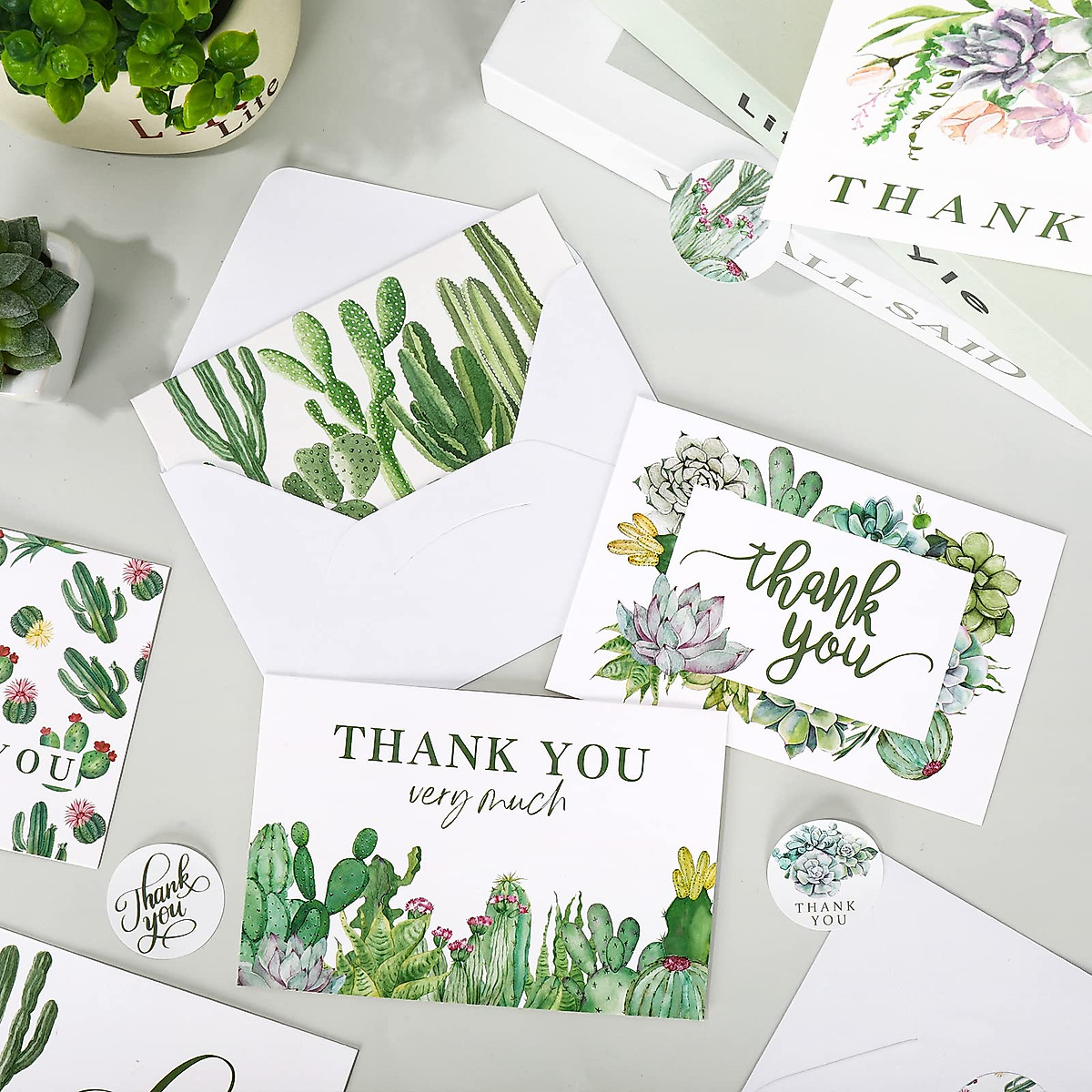 AnyDesign Cactus Thank You Cards 36 Pack Watercolor Succulent Note Cards with Matching Seal Stickers Envelopes Greenery Greeting Blank Cards for Birthday Baby Shower Wedding Bridal Party, 4 x 6