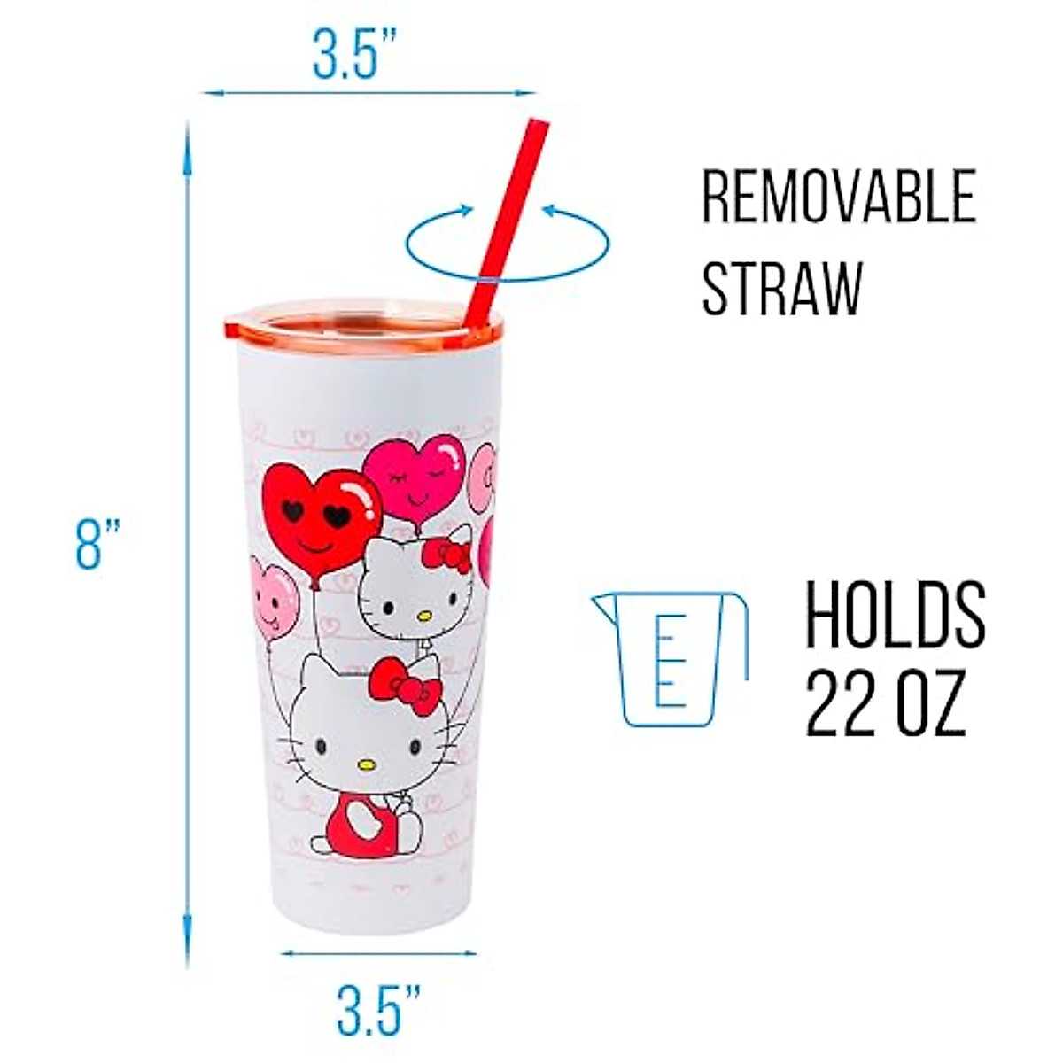 Silver Buffalo Sanrio Hello Kitty Heart Balloons Double Walled Stainless Steel Tumbler with Straw, 22 Ounces