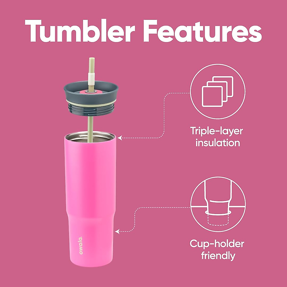 Owala 24oz Insulated Stainless Steel Tumbler and Water Bottle Bundle with Straws and Lids, Brown/Pink and Dreamy Field