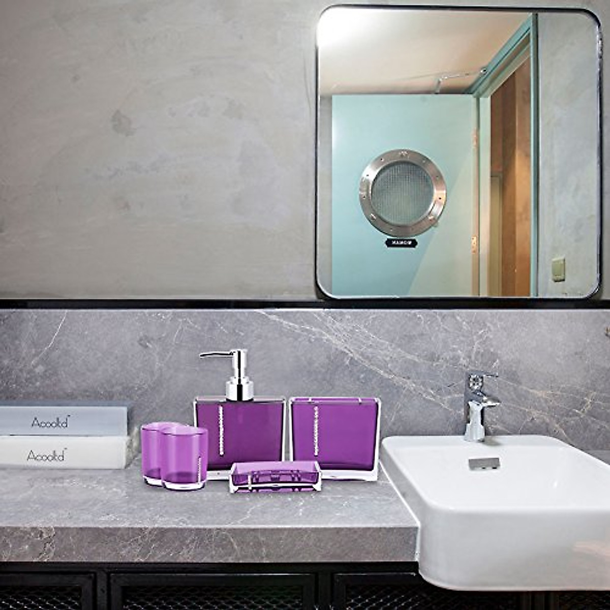 Yosoo 5 Pcs Bathroom Accessories Set Luxury Bath Vanity Set with Toothbrush Holder Containe Tumble Soap Dish Liquid Soap Lotion Pump Dispenser Purple Lotion Dispenser Soap Pump Toothbrush Cup