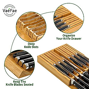 In-Drawer Knife Block, Bamboo Knife Drawer Organizer Insert, Kitchen Knife Holder Drawer for 12 Knives PLUS a Slot for your Knife Sharpener (Without Knives)