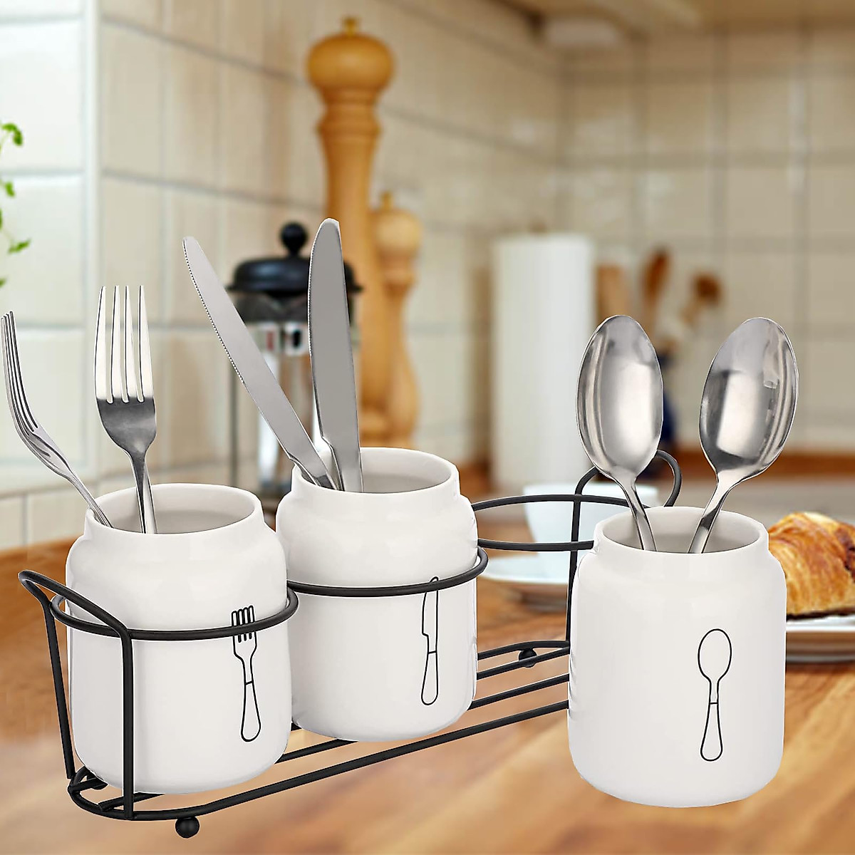 3-Piece Ceramic Silverware Caddy with Metal Rack, Cutlery Organizer Flatware Caddy for Countertop, White