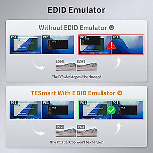TESmart HDMI KVM Switch 2 Monitors 2 Computers 4K@60Hz, USB 2.0, Dual Monitor KVM Switch HDMI 2 Port Extended Display, EDID emulators, L/R Audio, Hotkey Switch, Button Switch with Input Cables