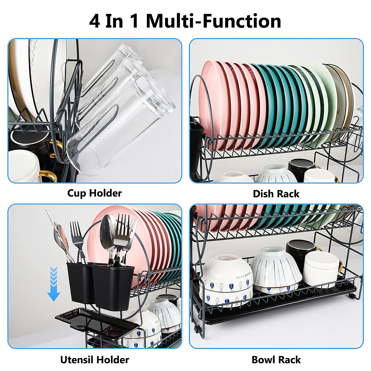 Housen Solutions Dish Drying Rack, 2 Tier Rust-Resistant Dish Rack with Drainboard, Dish Racks for Kitchen Counter with Glass and Utensil Holder